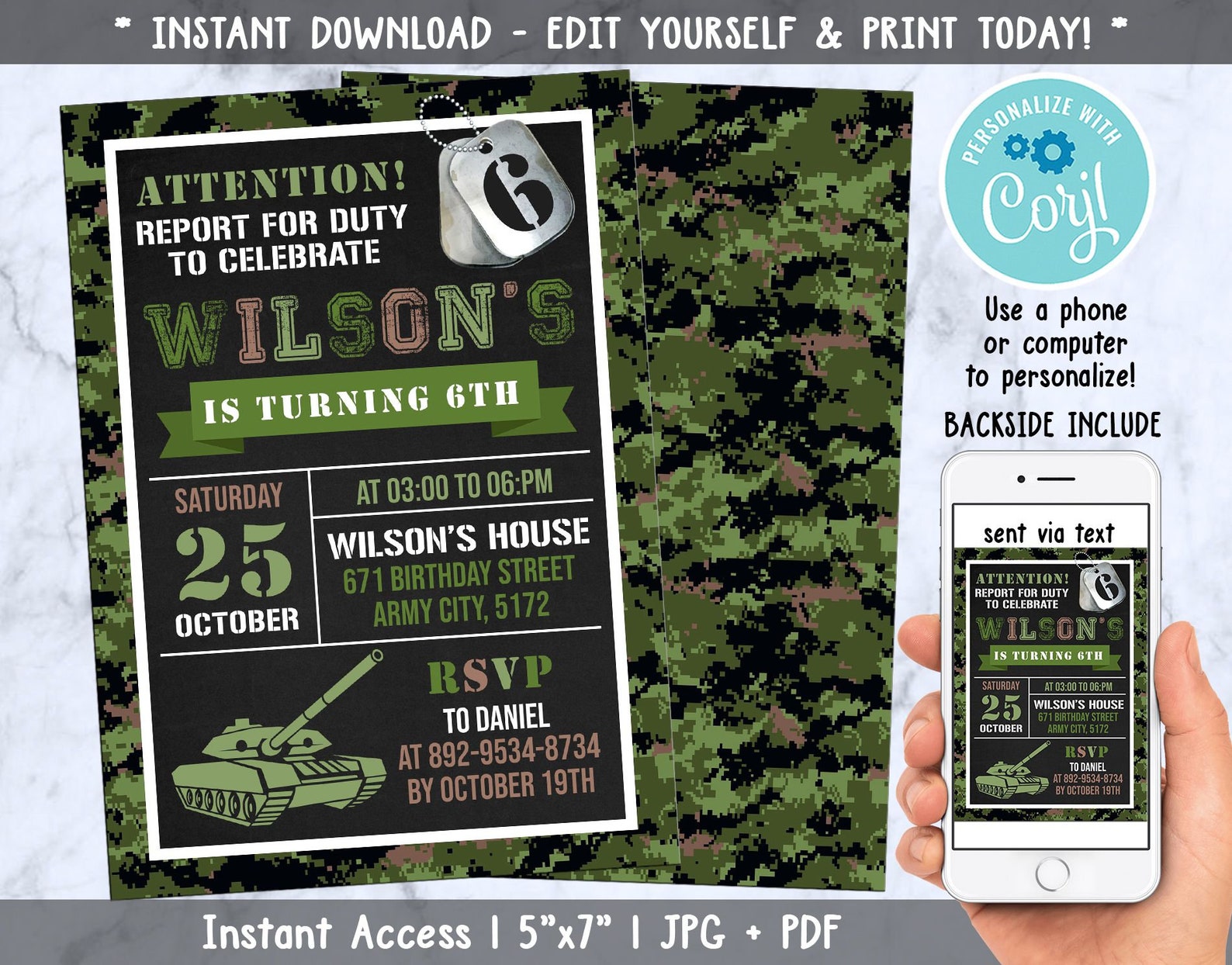 Editable Army Birthday Invitation Camo Invitaion Soldier - Etsy