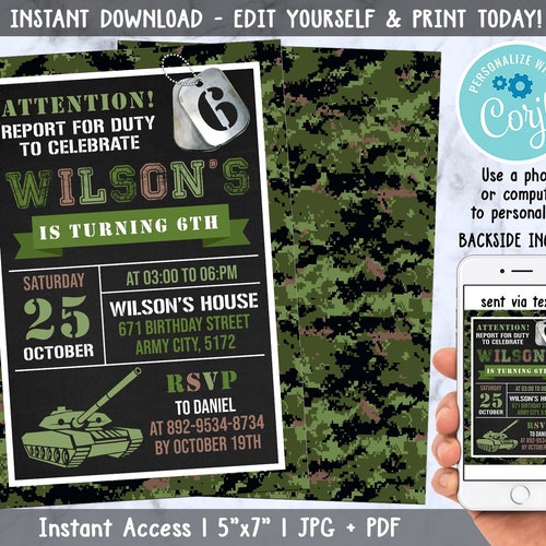 Editable Military Party Invitations. Army Birthday Invitation. - Etsy