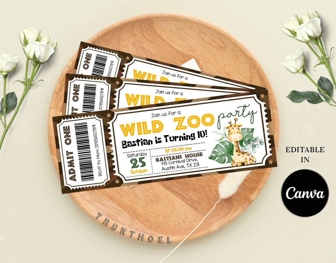 Editable Zoo Birthday Party Invitation Ticket, Zoo Ticket Birthday ...