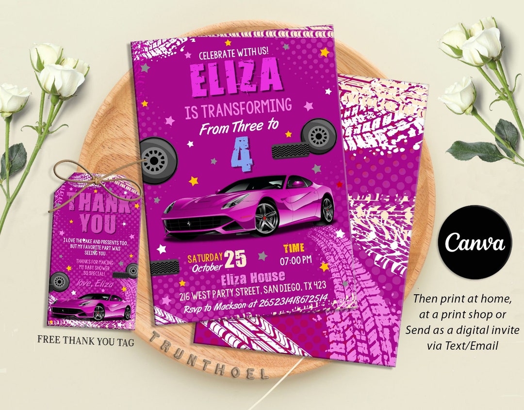 Race Car Birthday Party Invitation, Race Car Invite, Pink Girl ...