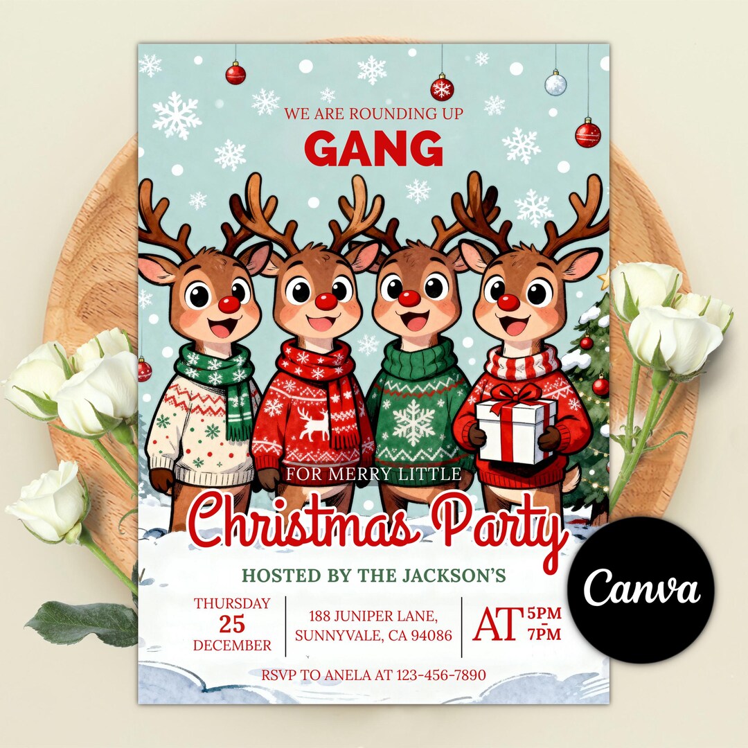 Editable Reindeer Christmas Party Invitation, We're Rounding up the ...
