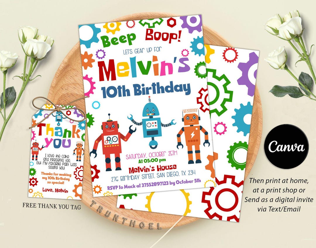 Editable Robot Birthday Invitation, Robot Party Invite, Boy Birthday ...