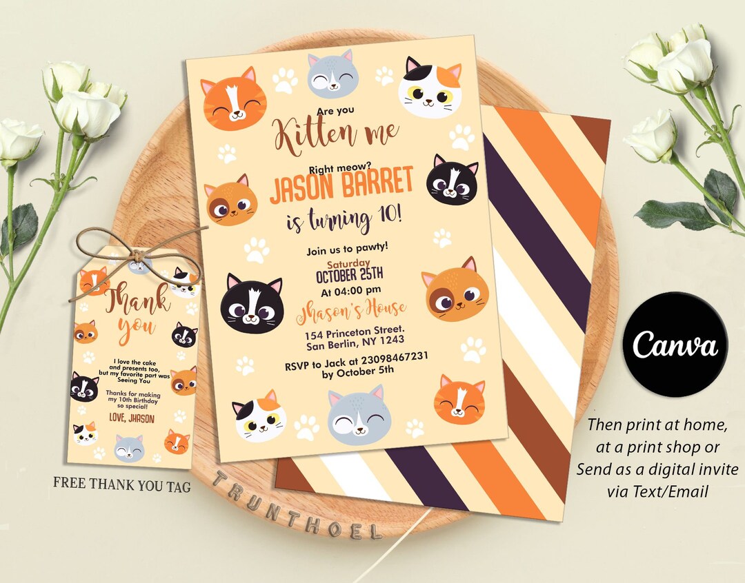 Editable Cat Invitation, Cute Cats Birthday Invite, Kitty Cat Birthday ...