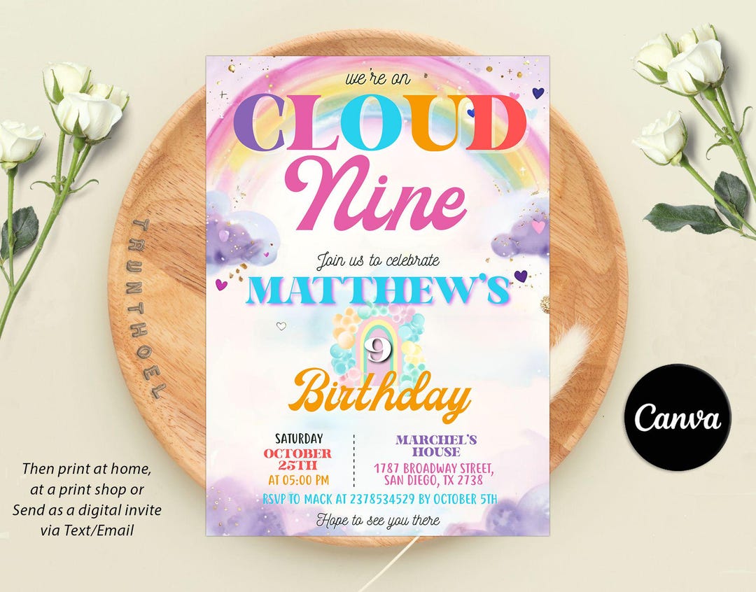 Editable Cloud 9 Birthday Invitation, Rainbow Cloud Party Birthday ...