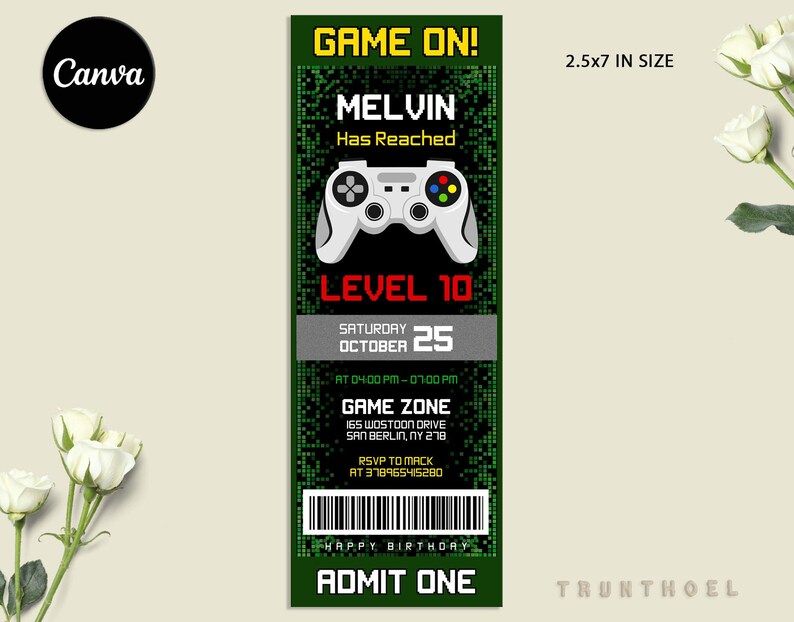 Editable Video Game Ticket Invitation, Gamer Birthday Party Invitation ...