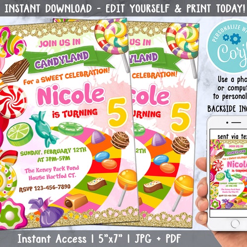 Candy Theme Birthday Invitation Candyland Birthday Digital - Etsy