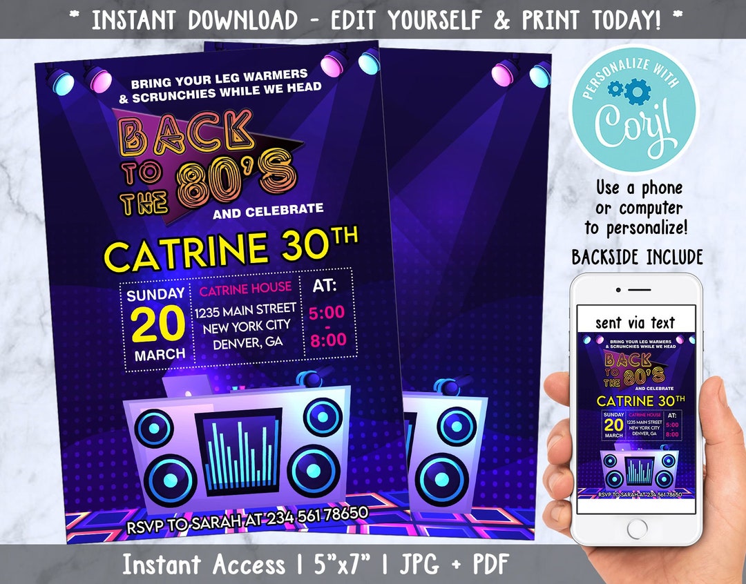 Editable 80s Birthday Party Invitation, Back to the 80s Neon Invitation ...