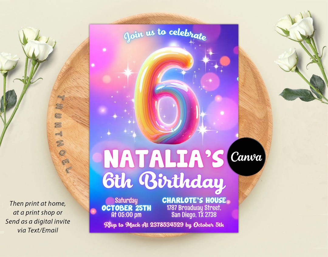 Pink 6th Birthday Invitation, Rainbow Glitter Birthday Party Invite ...