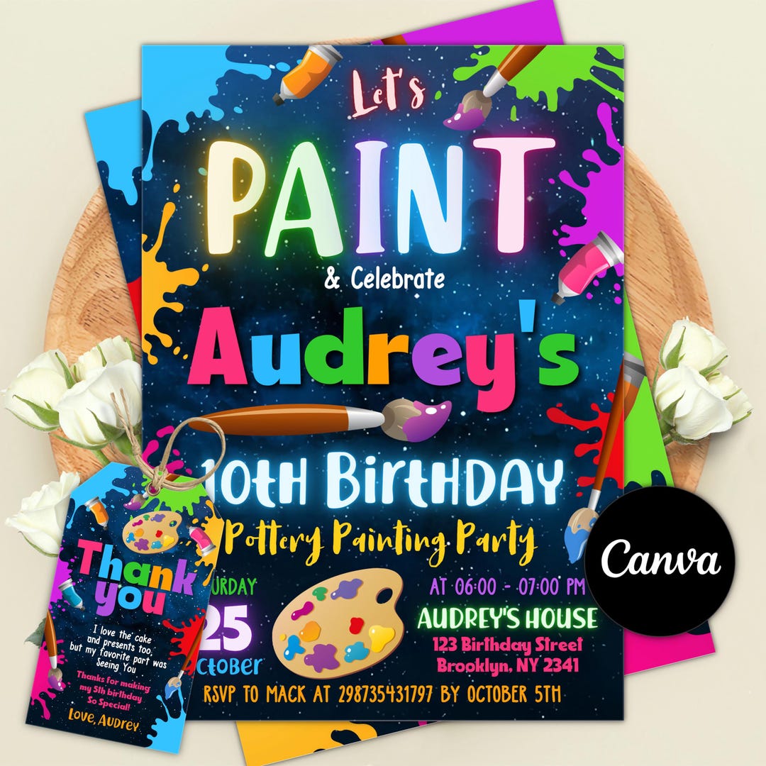 Rainbow Pottery Painting Birthday Invitation, Neon Party Invite, Neon ...