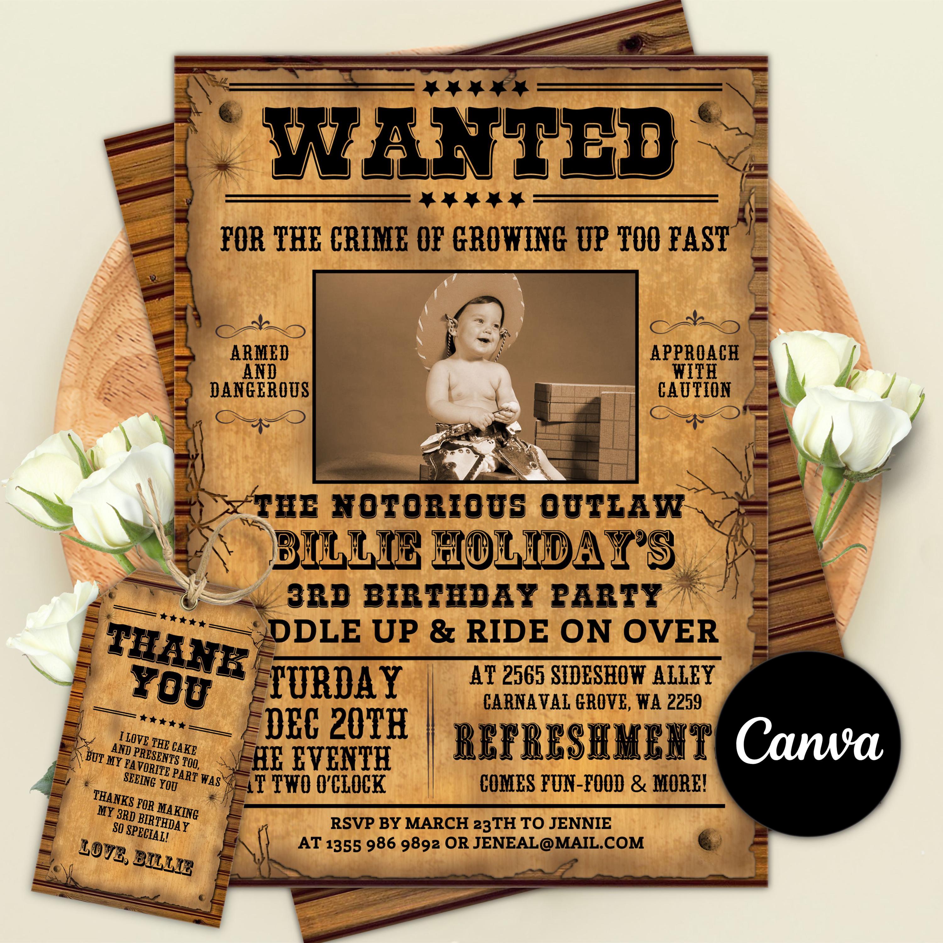 Editable Wanted Poster Invitation, Cowboy Birthday Invitation, Cowboy ...