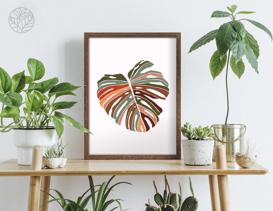Colorful Flat Monstera Poster, Tan, Pine, Tropical Leaf Poster, Mid ...