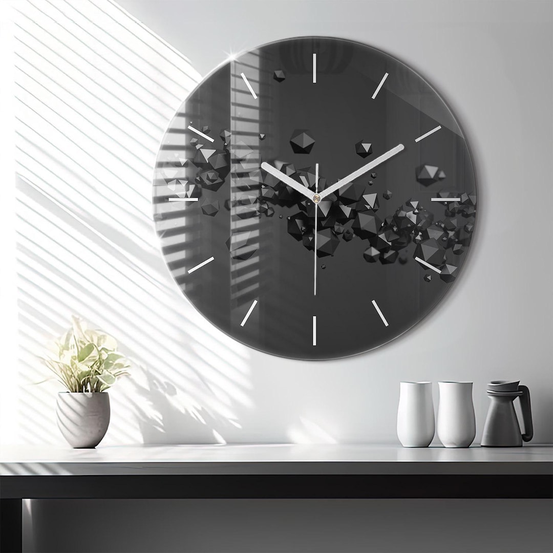 Black Abstraction Glass Clock, Black Wall Clock, Abstract Hanging Clock ...
