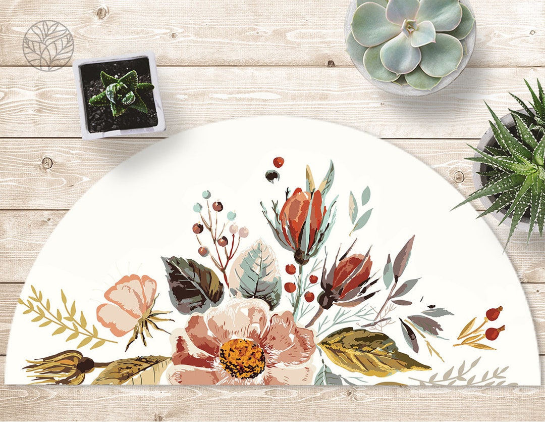 Retro Warm Field #16 - Semi Round Vinyl Mat - White, Pale Pink, Flowers ...