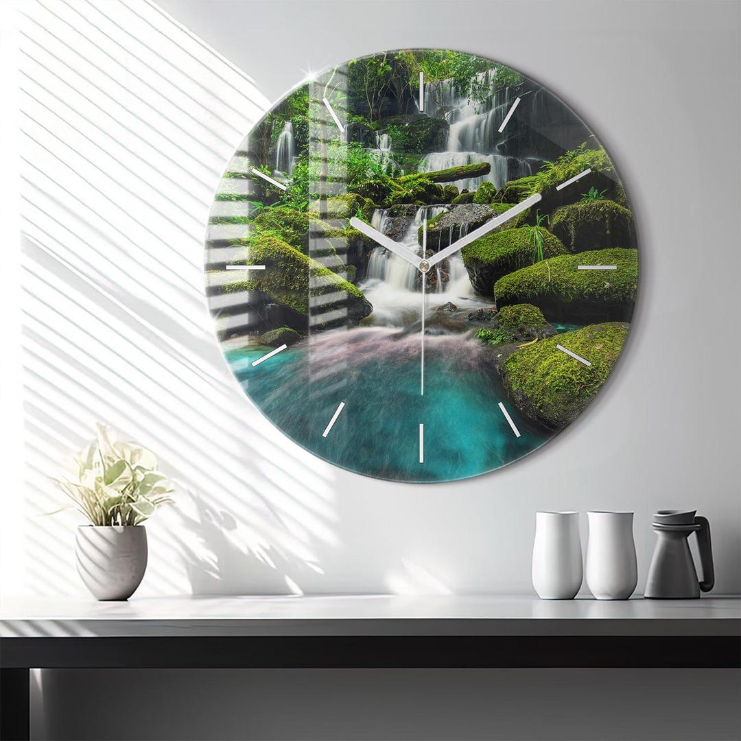 Thailand Waterfall Glass Clock, Green Modern Wall Clock, Landscape ...