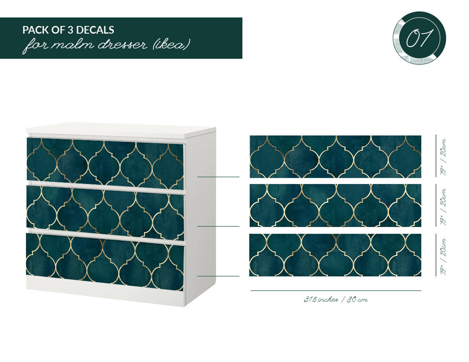 Dark Green Classic Gold Pattern 7 Decals for MALM Dresser - Etsy