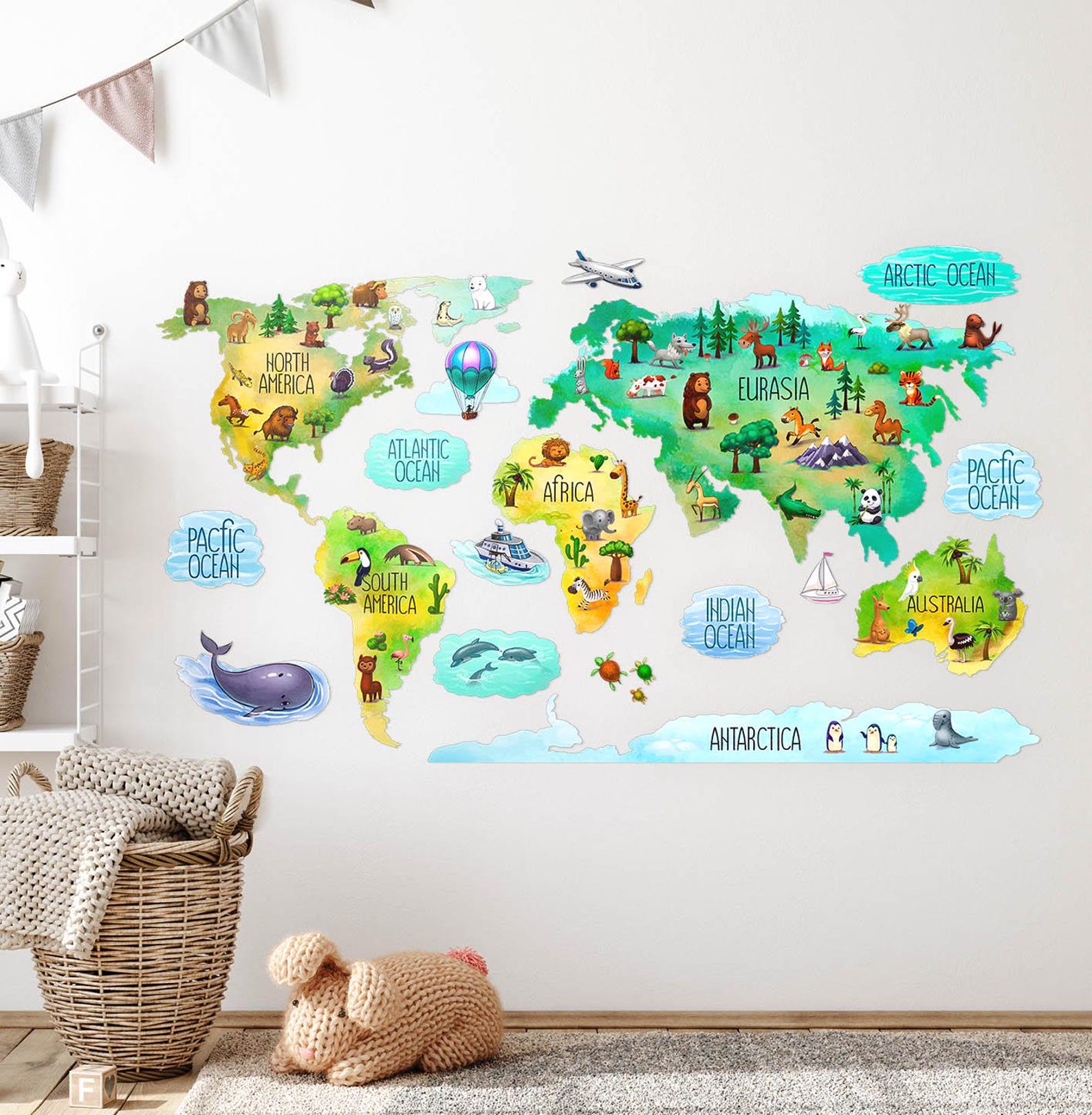 Colorful World Map Wall Stickers for Baby Room, Green Children's Room ...
