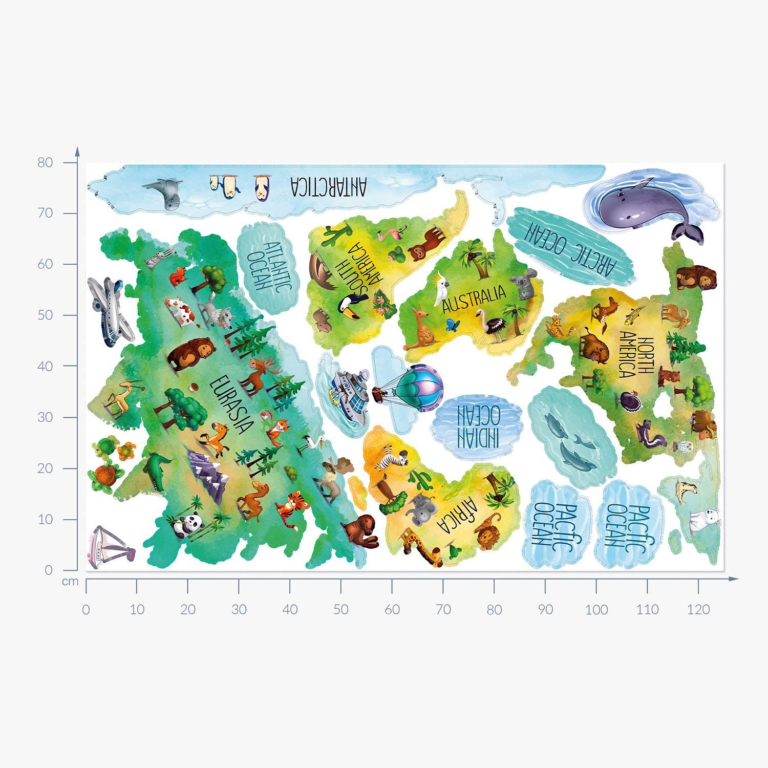 Colorful World Map Wall Stickers for Baby Room, Green Children's Room ...