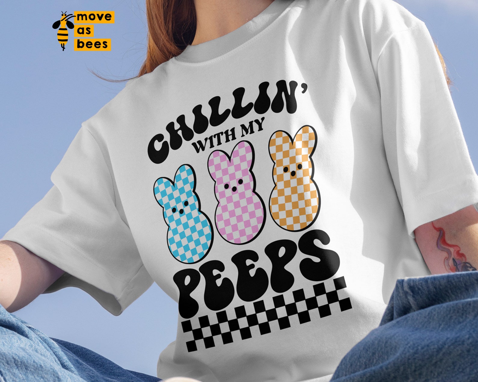 Chilling With My Peeps PNG, SVG, Groovy Easter Svg, Checkered Bunnies ...