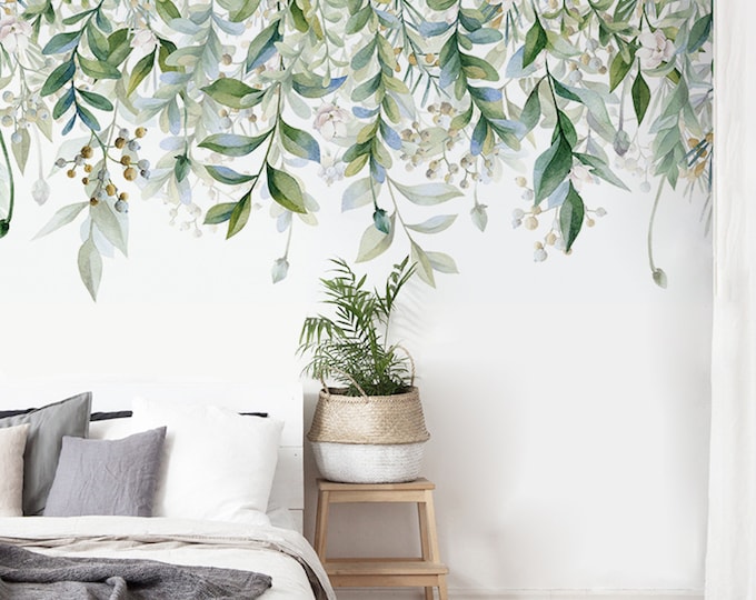 Green Leaves Wall Decals Removable Stickers Boho Decor Emerald Green ...