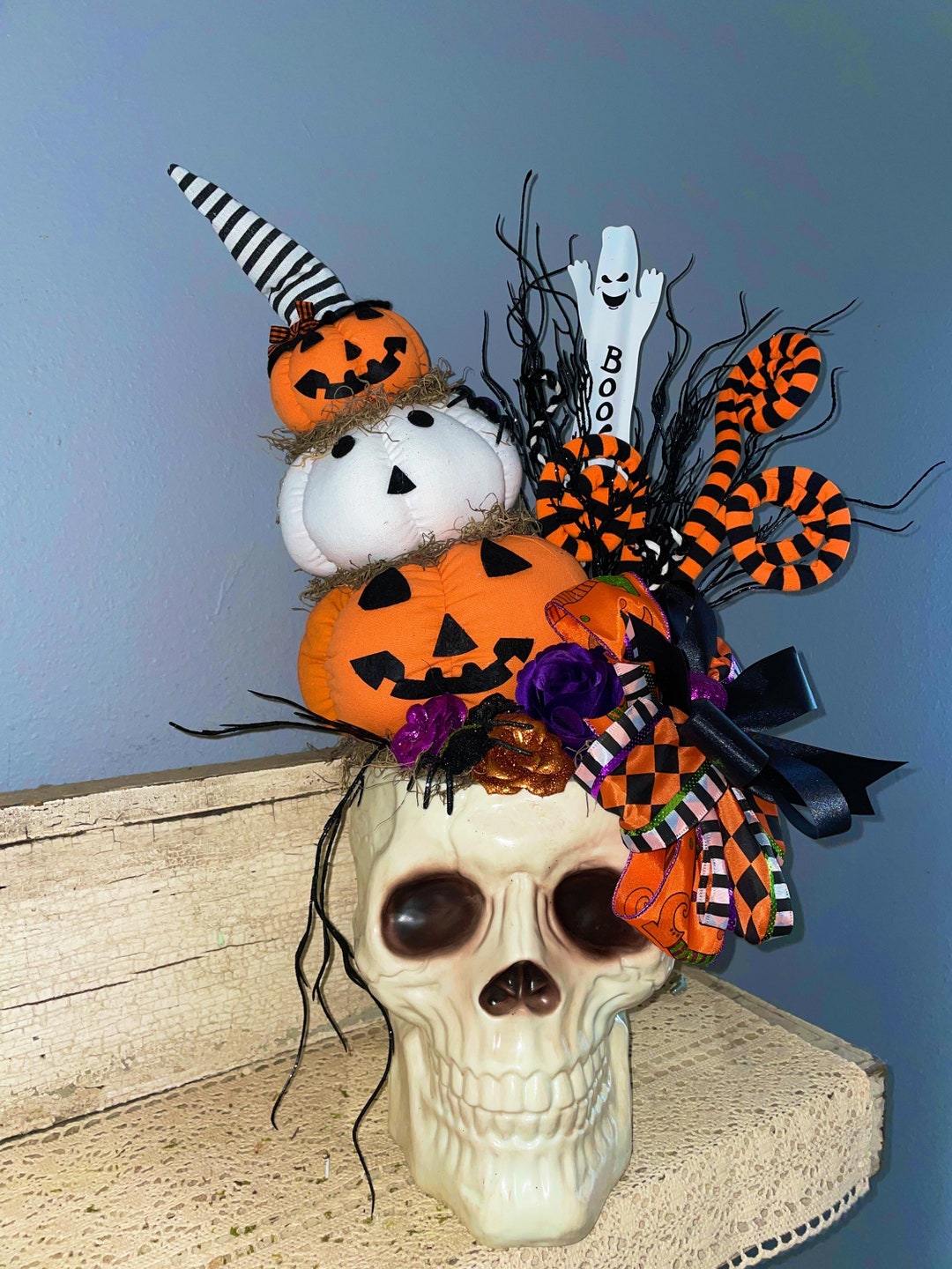 Skeleton Skull Halloween Centerpiece, Jack-o-lantern, Stacked Pumpkins ...