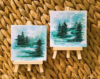 Mini Canvas Painting With Easel | 3x3 Square | Pine Trees | Monochromatic | Tabletop Shelf Art ...