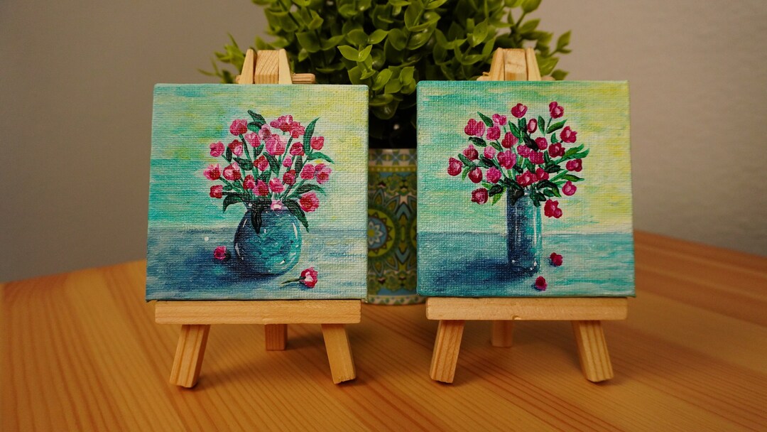 Miniature Canvas Flower Painting With Easel 3x3 Inch Mini Canvas Art ...