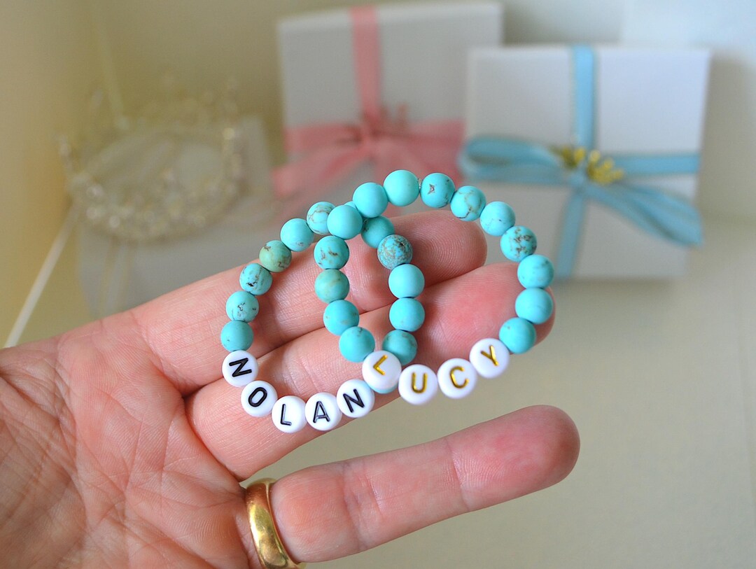Twin Baby Name Bracelets, Turquoise Girls or Boys Baby Shower Gift ...