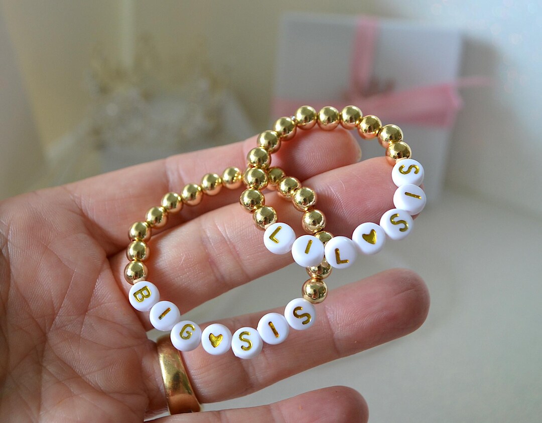 Set Twin Sister Bracelets, Lil Sis Big Sis Matching Gold Beaded ...