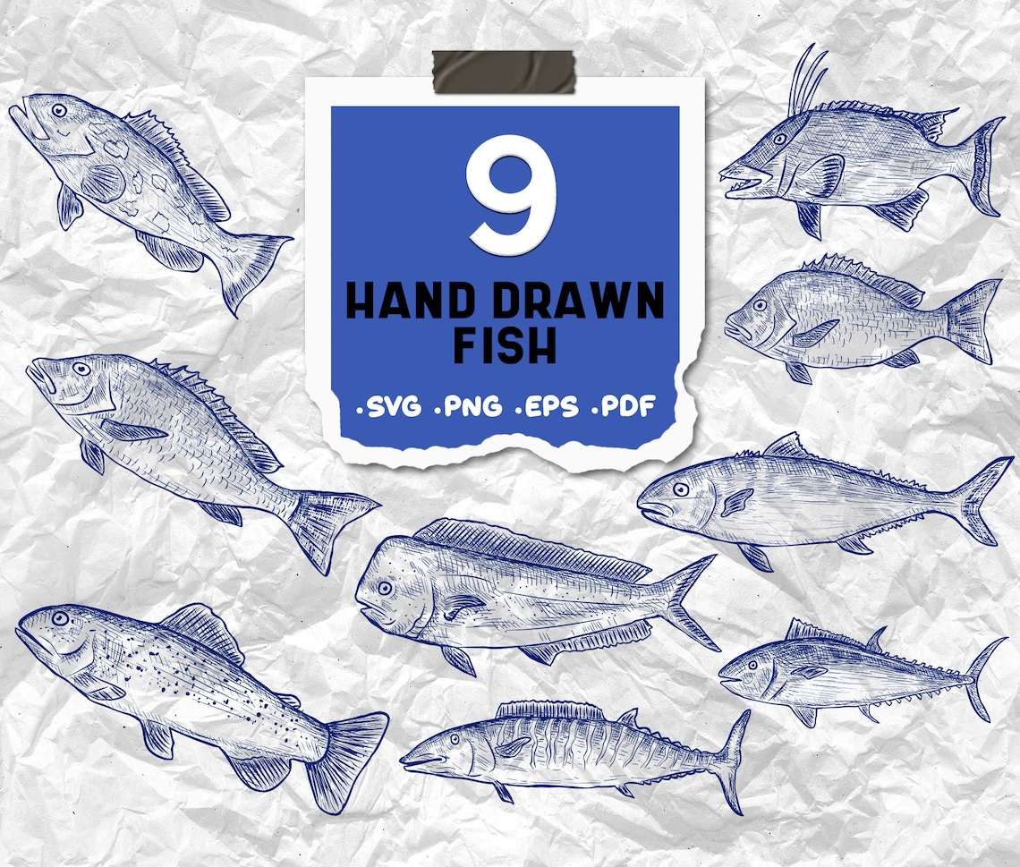 Hand Drawn Fish Svg,ish Svg, Sea Clipart, Fishing Clipart, Ocean ...