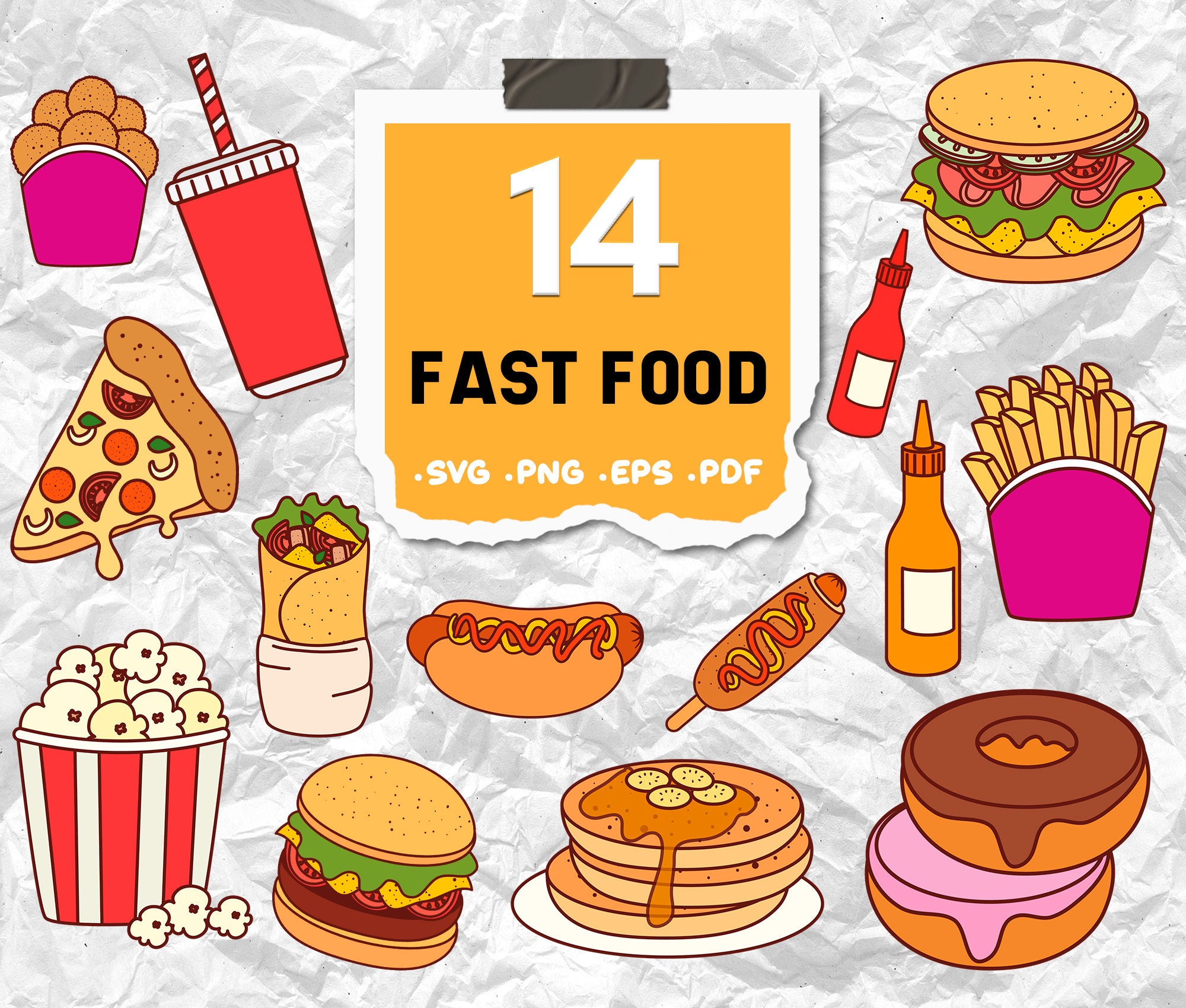 FAST FOOD Digital Clipart, Fast Food Illustrator, Food Silhouette, Fast ...