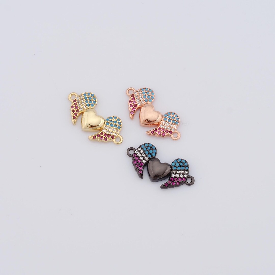 18K Gold Filled Heart Connector,wings Connector,micropavé Zirconia ...
