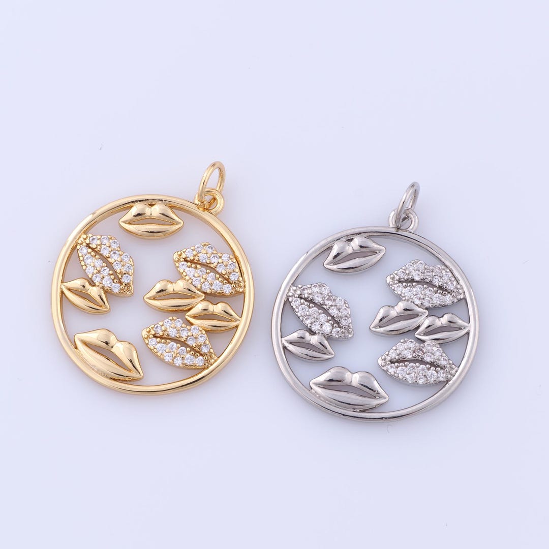18K Gold Filled Lips Pendant,round Charm,micropavé Zirconia Lips Charms ...