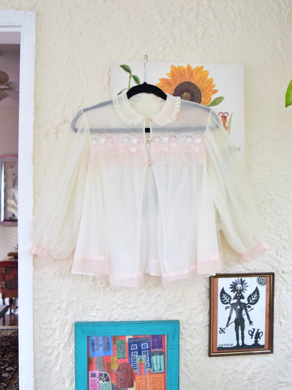 50s white pastel pink coquette lingerie puff sleeve b… - Gem