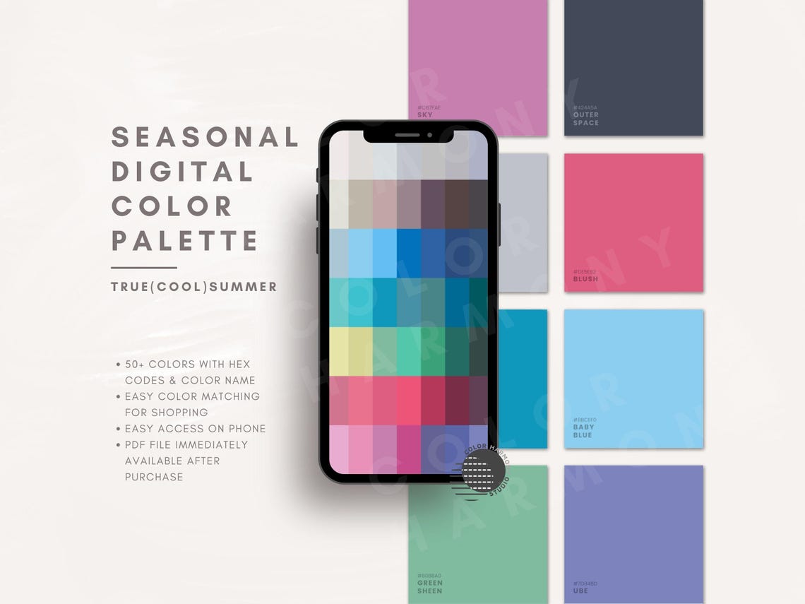True (cool) Summer Color Palette: Digital Swatch Fan With HEX Codes and ...
