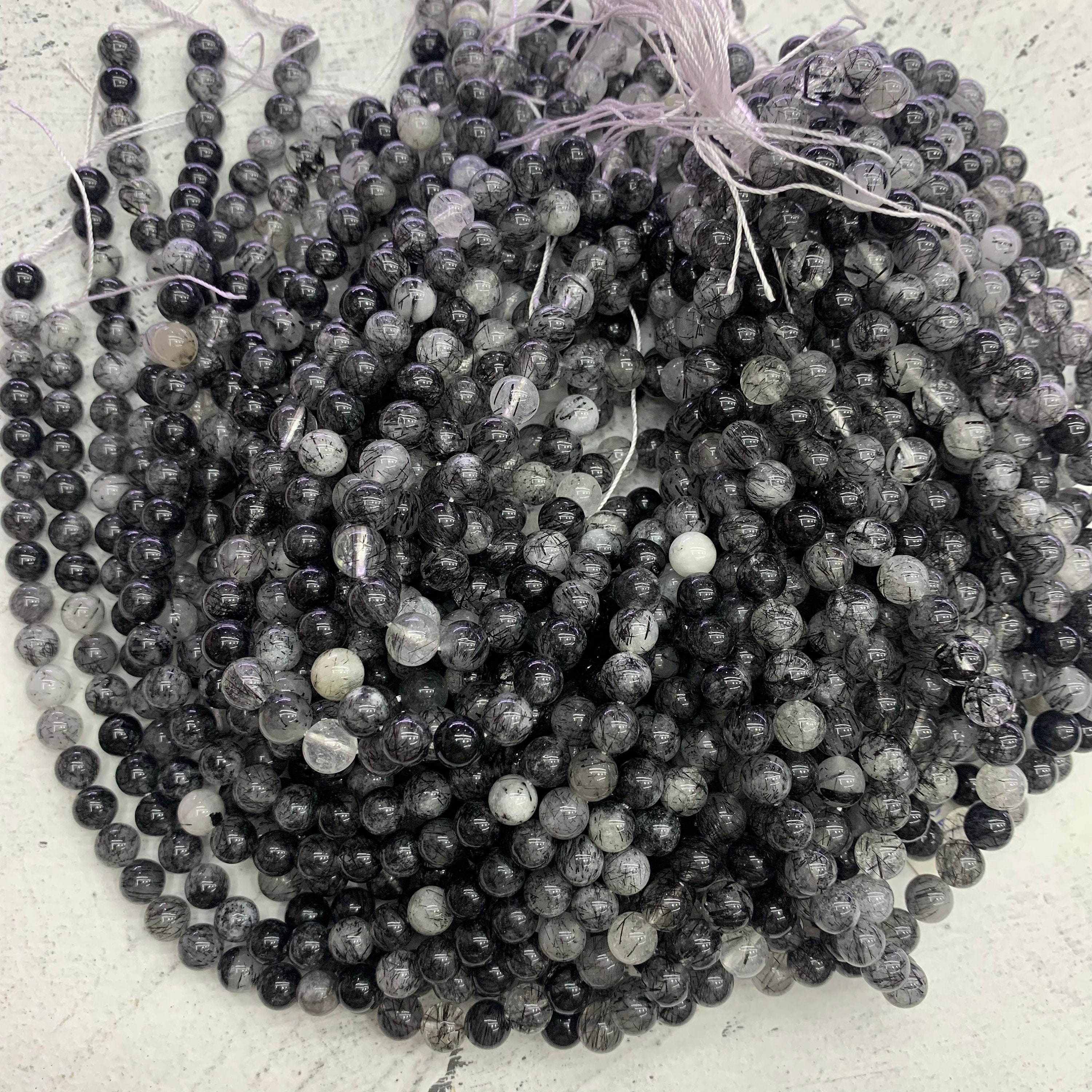 Natural Black Rutilated Quartz 8mm Round Beads Black White Gemstone Tourmaline Quartz Loose ...