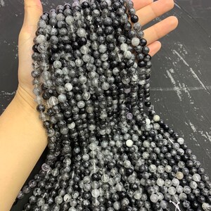 Natural Black Rutilated Quartz 8mm Round Beads Black White Gemstone Tourmaline Quartz Loose ...
