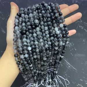 Natural Black Rutilated Quartz 8mm Round Beads Black White Gemstone Tourmaline Quartz Loose ...