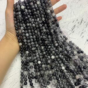 Natural Black Rutilated Quartz 8mm Round Beads Black White Gemstone Tourmaline Quartz Loose ...