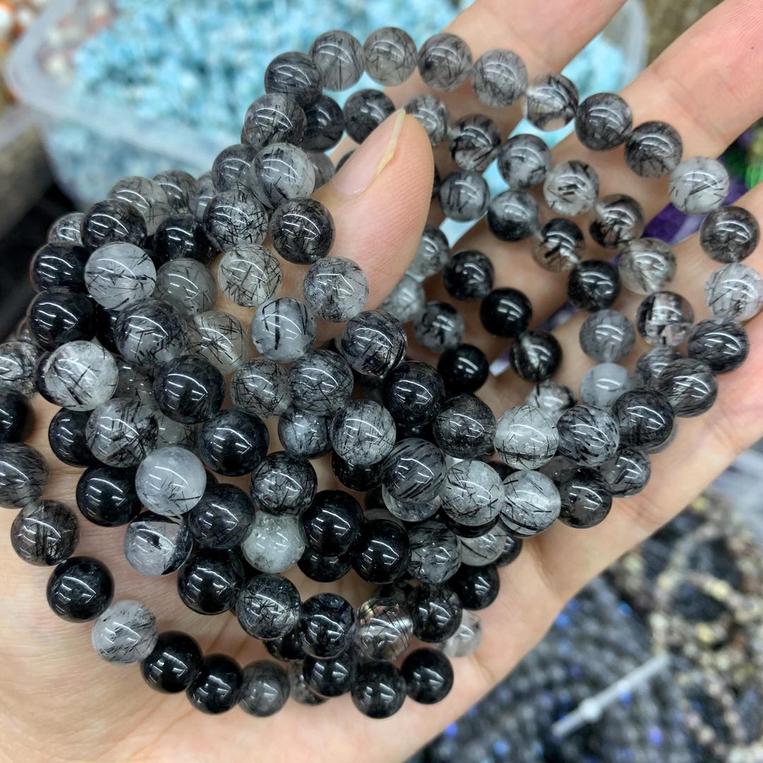 Natural Black Rutilated Quartz 8mm Round Bracelet Black White Gemstone Tourmaline Quartz Loose ...