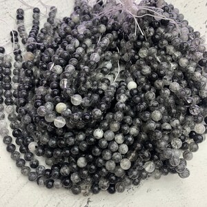 Natural Black Rutilated Quartz 8mm Round Beads Black White Gemstone Tourmaline Quartz Loose ...