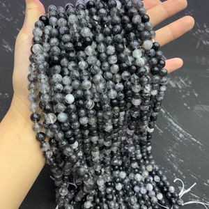 Natural Black Rutilated Quartz 8mm Round Beads Black White Gemstone Tourmaline Quartz Loose ...