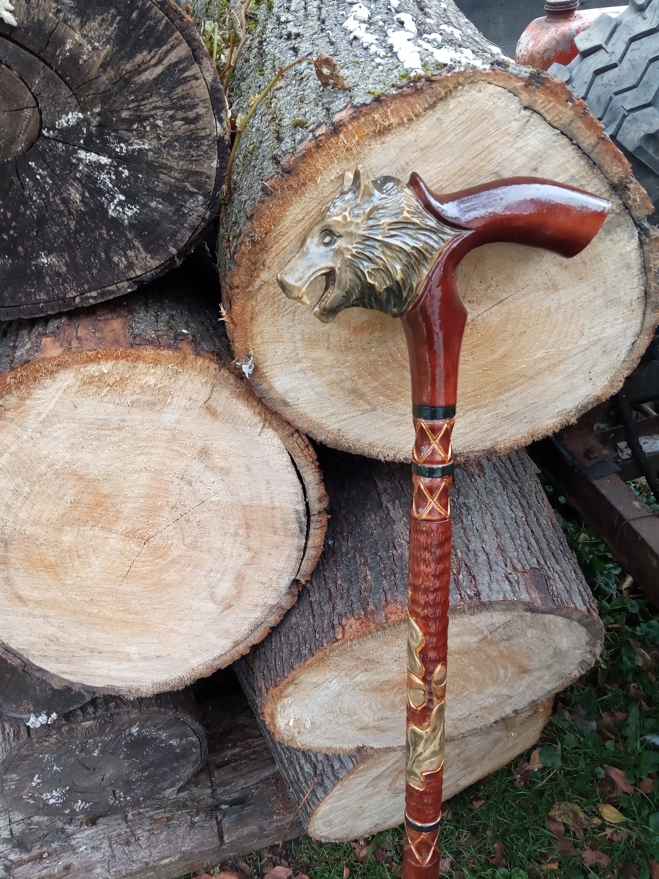Wooden Cane Wolf Carved Handle and Staff Wood Walking Stick Hand Carved ...
