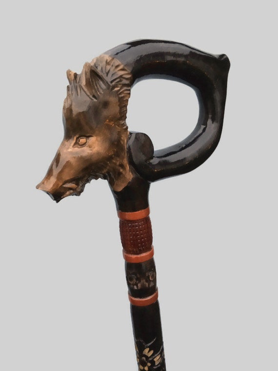 Wooden Cane Head Boar Carved Handle and Staff Wood Walking - Etsy