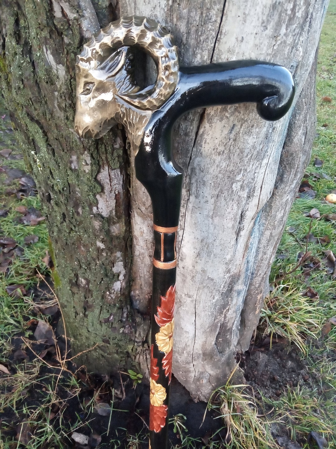 Wooden Cane Ram Carved Handle and Staff Wood Walking Stick Hand Carved ...