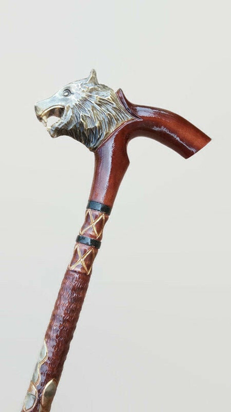 Wooden Cane Wolf Carved Handle and Staff Wood Walking Stick Hand Carved ...