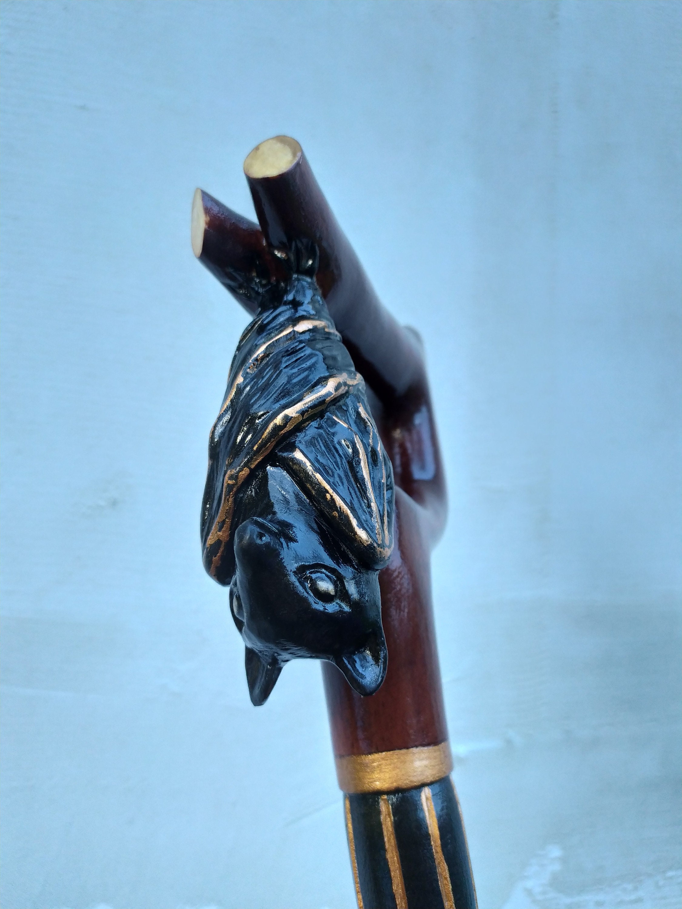 Wooden Cane Bat Carved Handle and Staff Wood Walking Stick Hand Carved ...