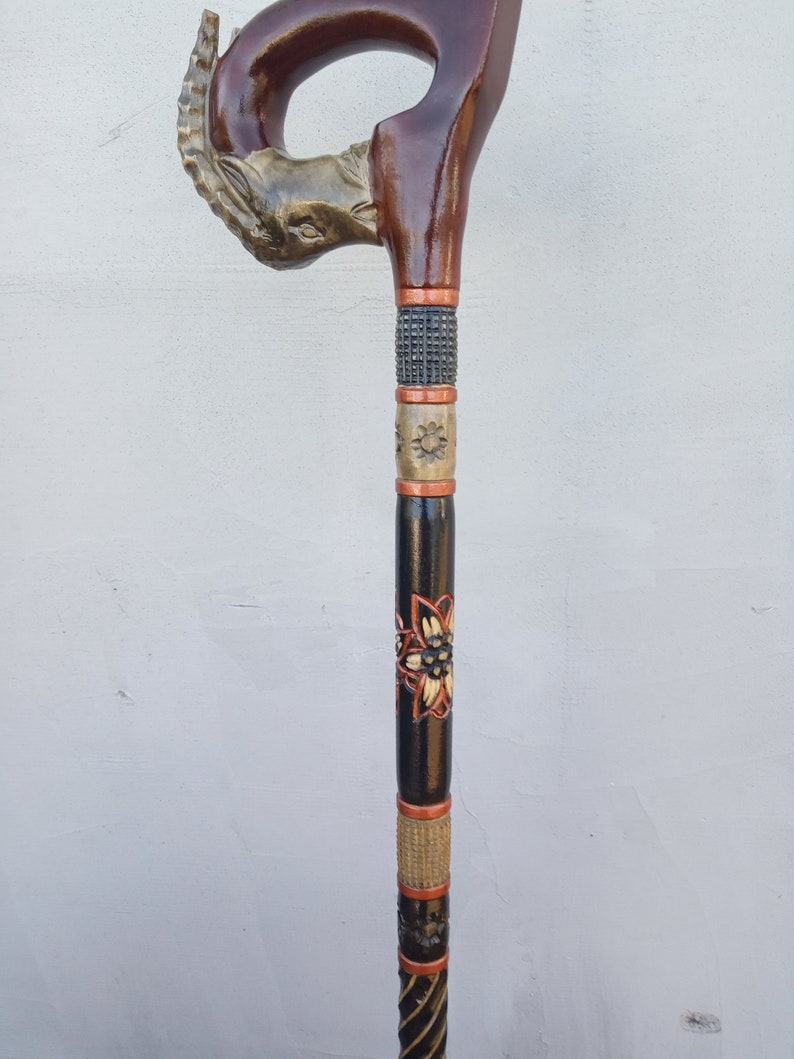 Wooden Cane Goat Carved Handle and Staff Wood Walking Stick Hand Carved ...