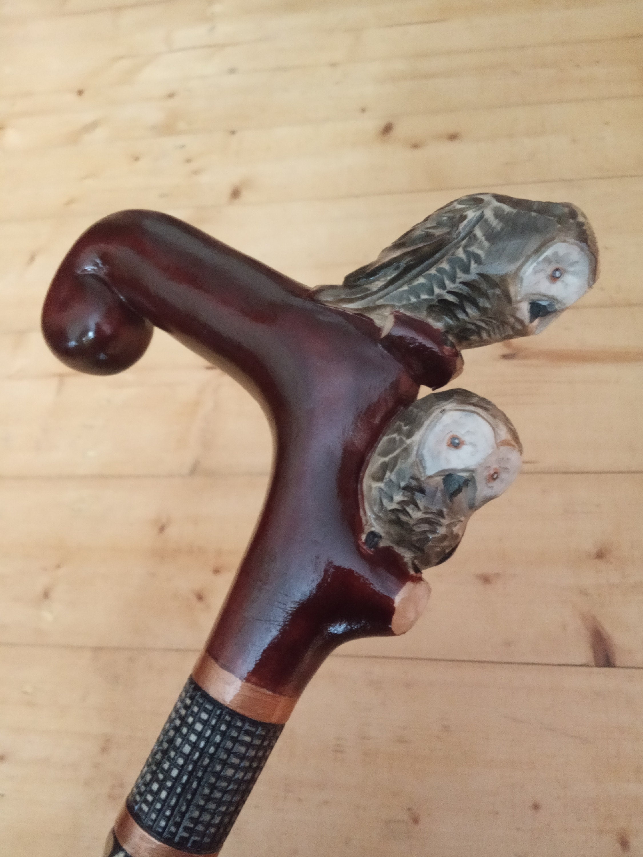 Owls on a Branch Elegant Wooden Cane. Hand Carved Handle and Hiking ...