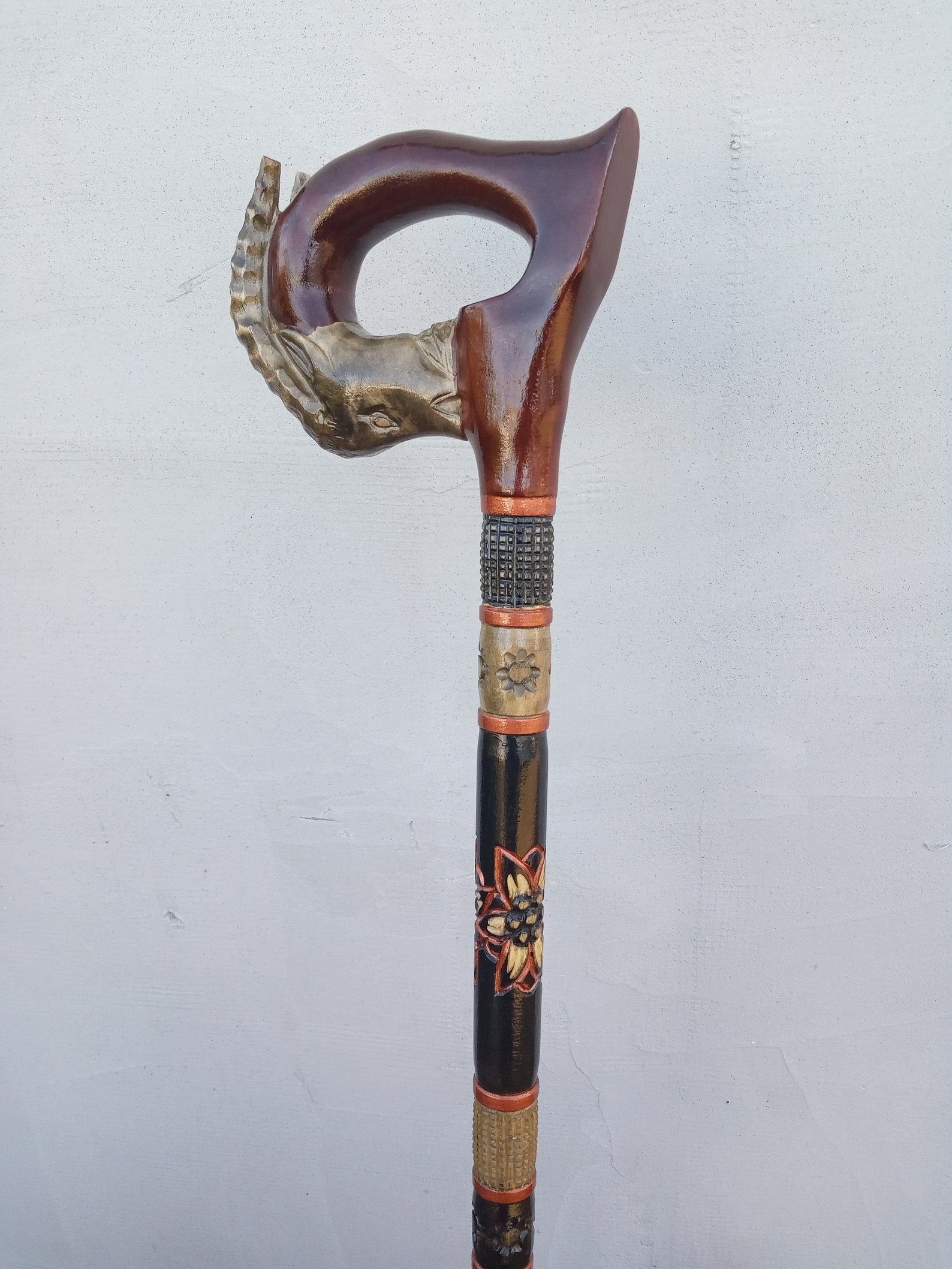 Wooden Cane Goat Carved Handle and Staff Wood Walking Stick Hand Carved ...