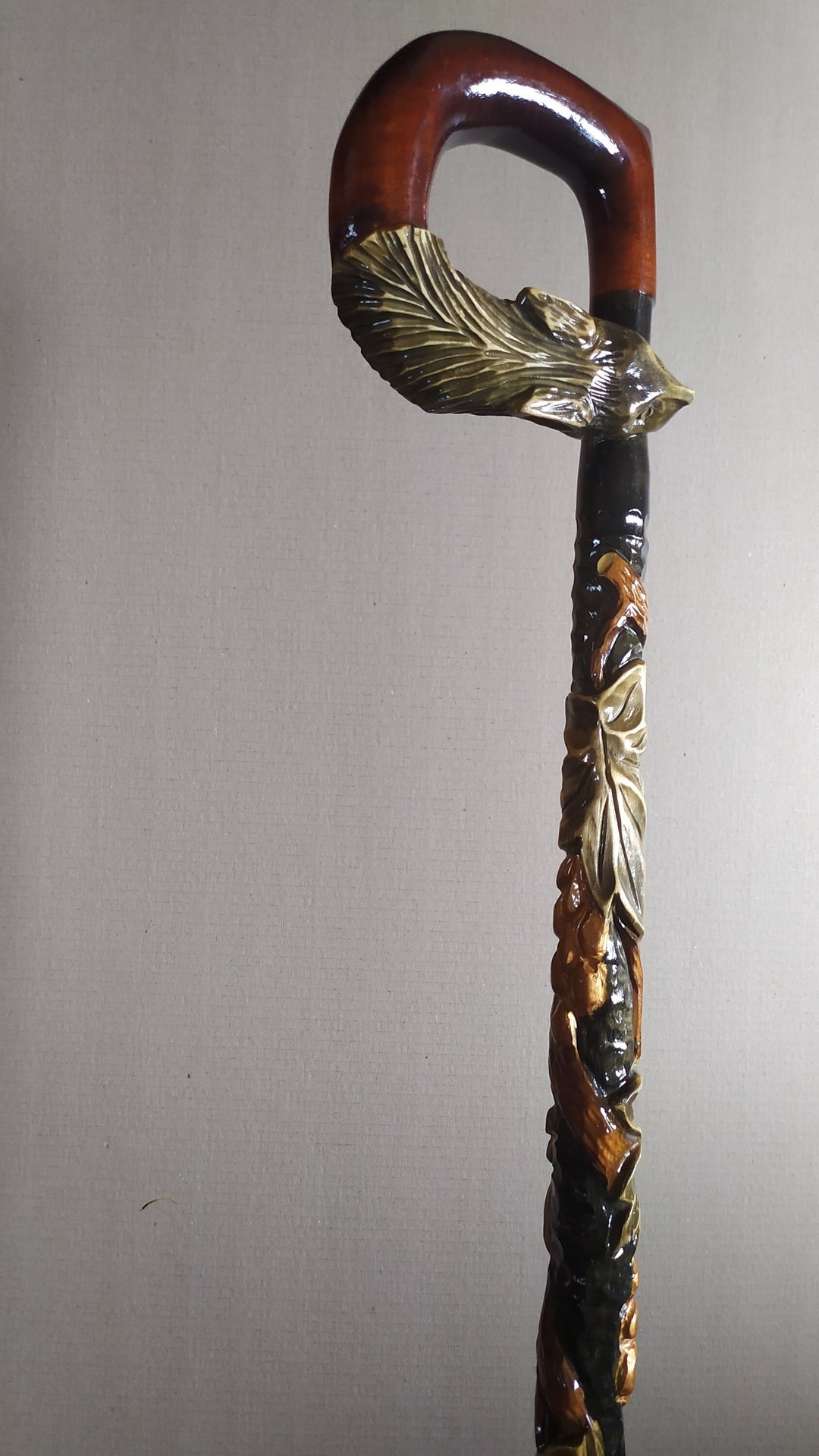 Elegant Handcrafted Wolf With Grape Wine Wood Walking Cane - Unique ...